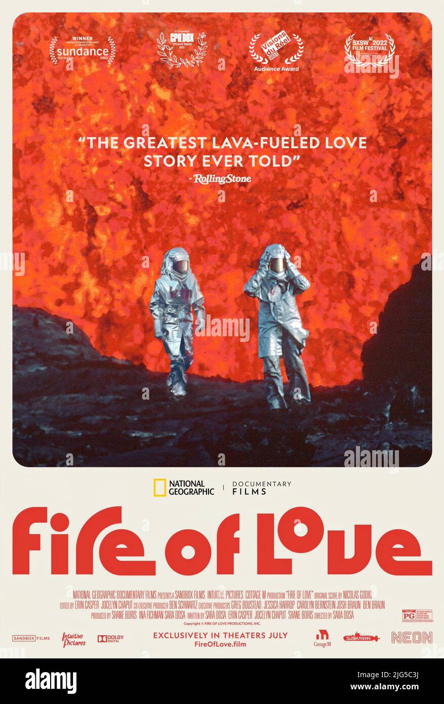 FIRE OF LOVE, US poster, from left: Maurice Krafft, Katia Krafft, 2022 ...