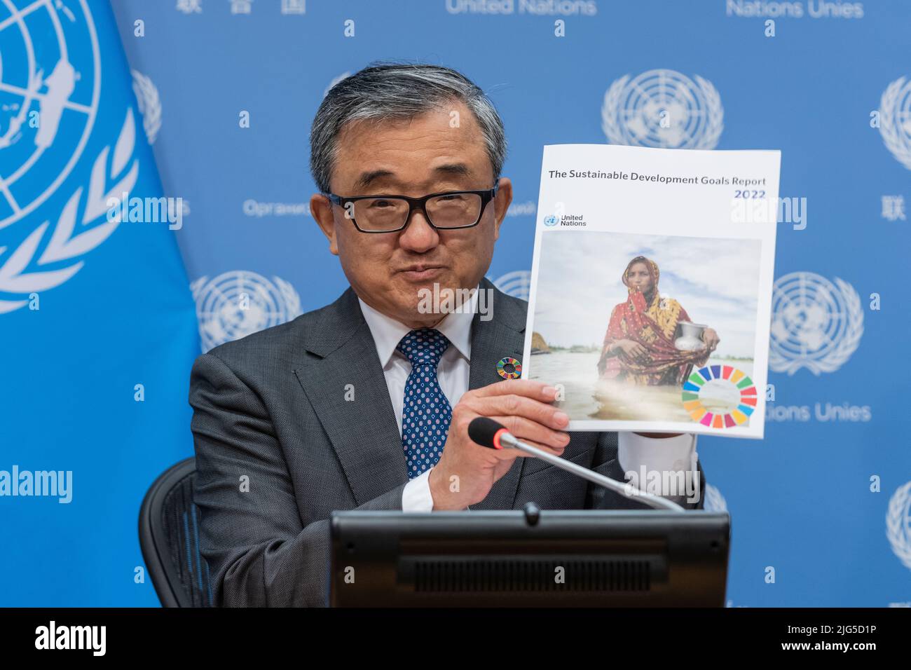 New York, NY - July 7, 2022: Liu Zhenmin holds report during speech at ...