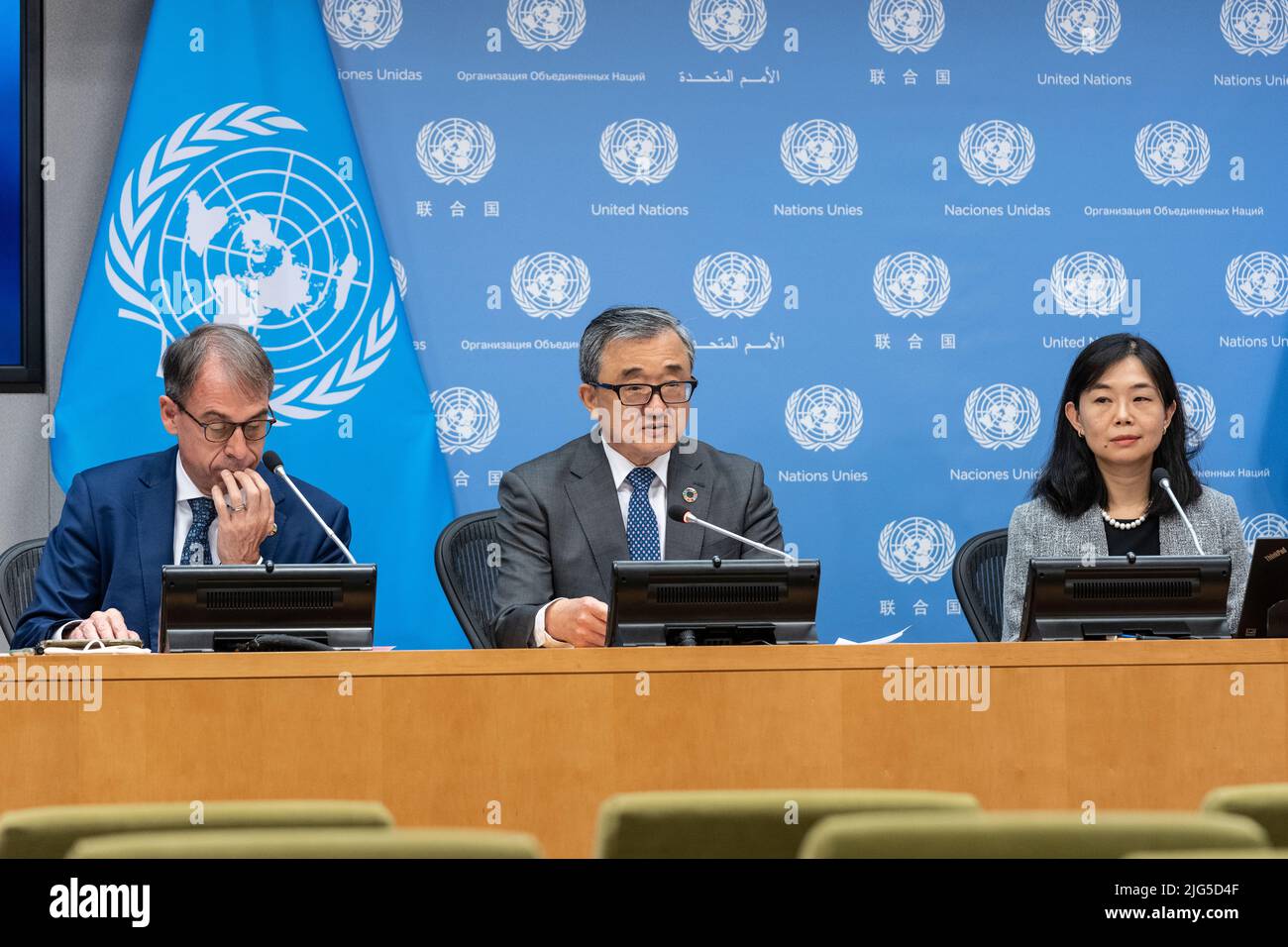New York, NY - July 7, 2022: Liu Zhenmin (C) speaks at press briefing ...