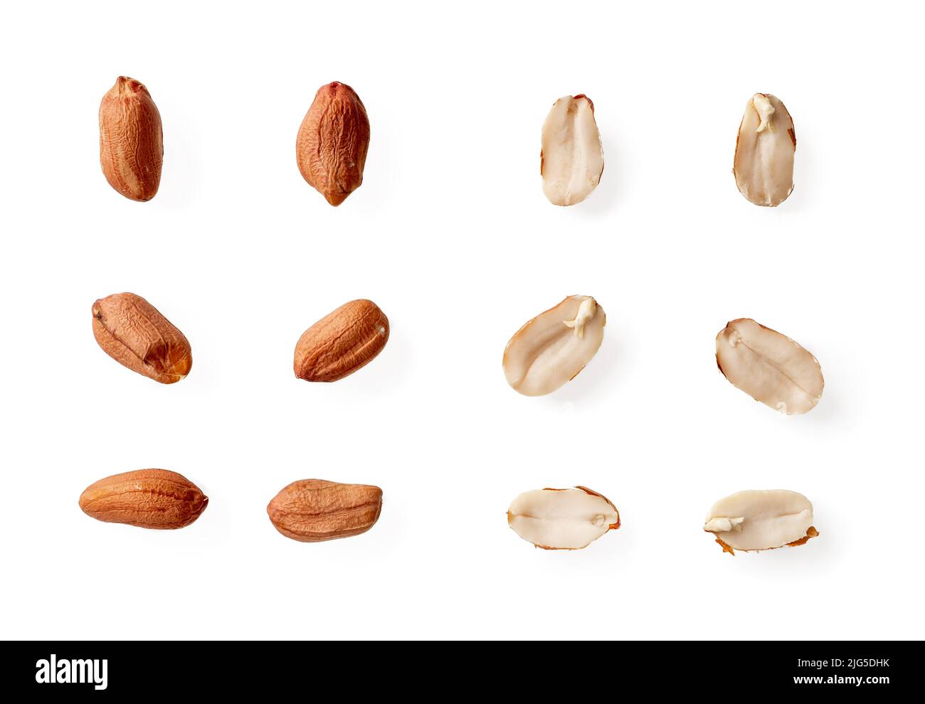 Set of whole and halves raw peanut seeds isolated on a white background ...