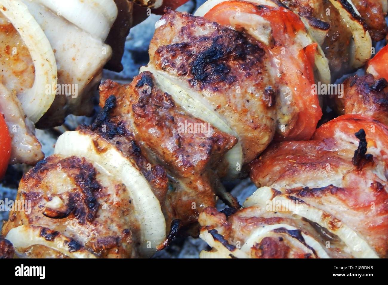 Shish kebab with onions and tomatoes close-up. High quality photo Stock ...