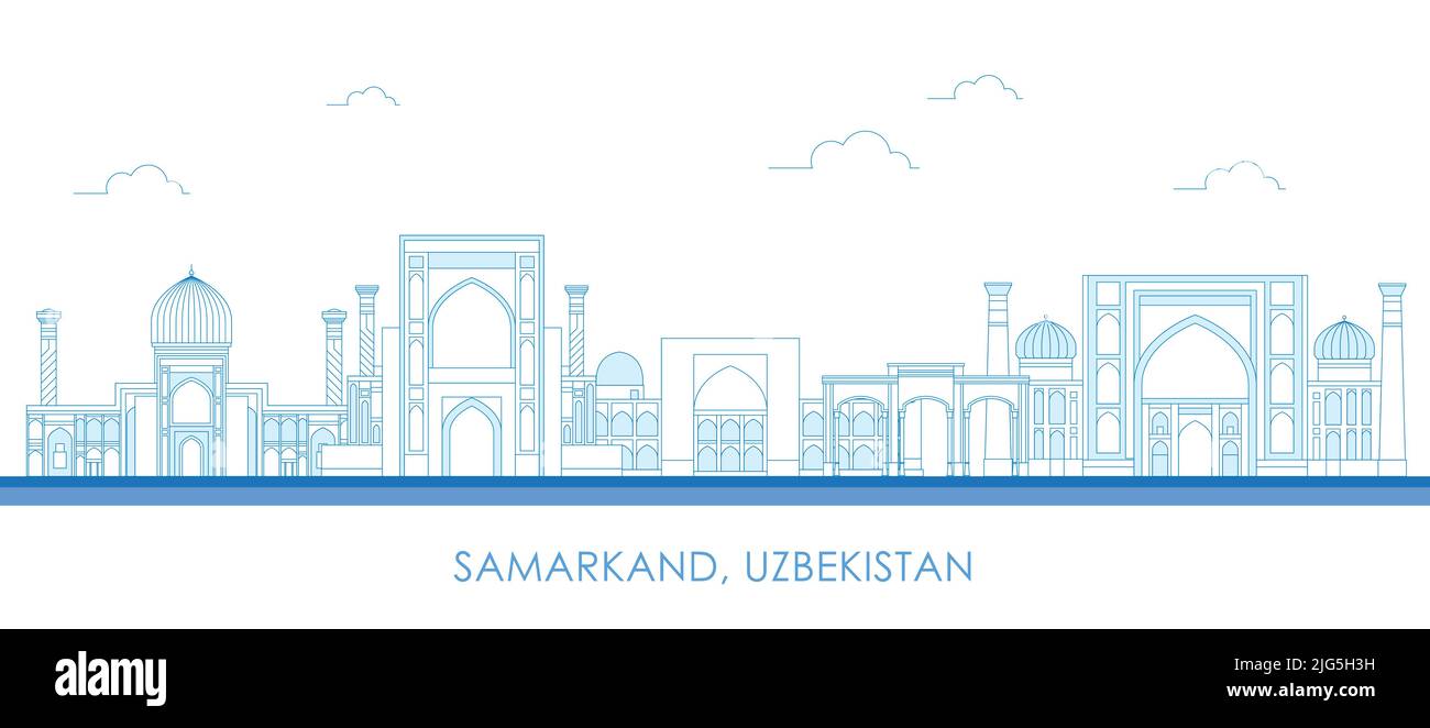 Outline Skyline panorama of city of Samarkand, Uzbekistan - vector ...