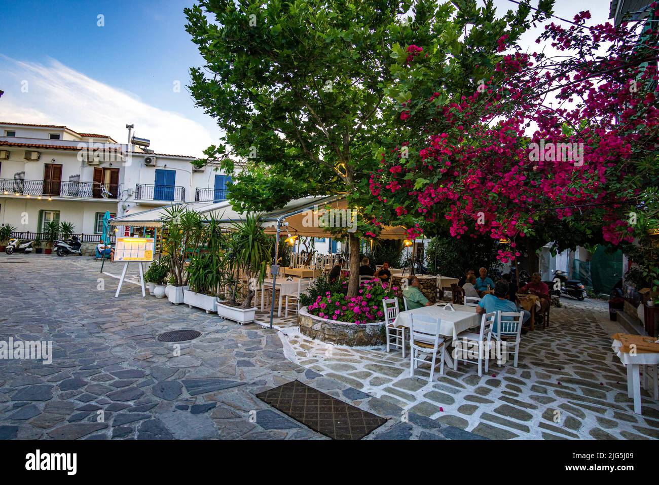 Urban view of the beautiful city center of Chora town in Skiathos ...