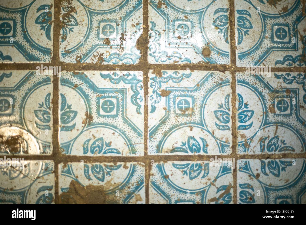 Old tiles on floor. Tiled flatbed with pattern. Details of interior in ...