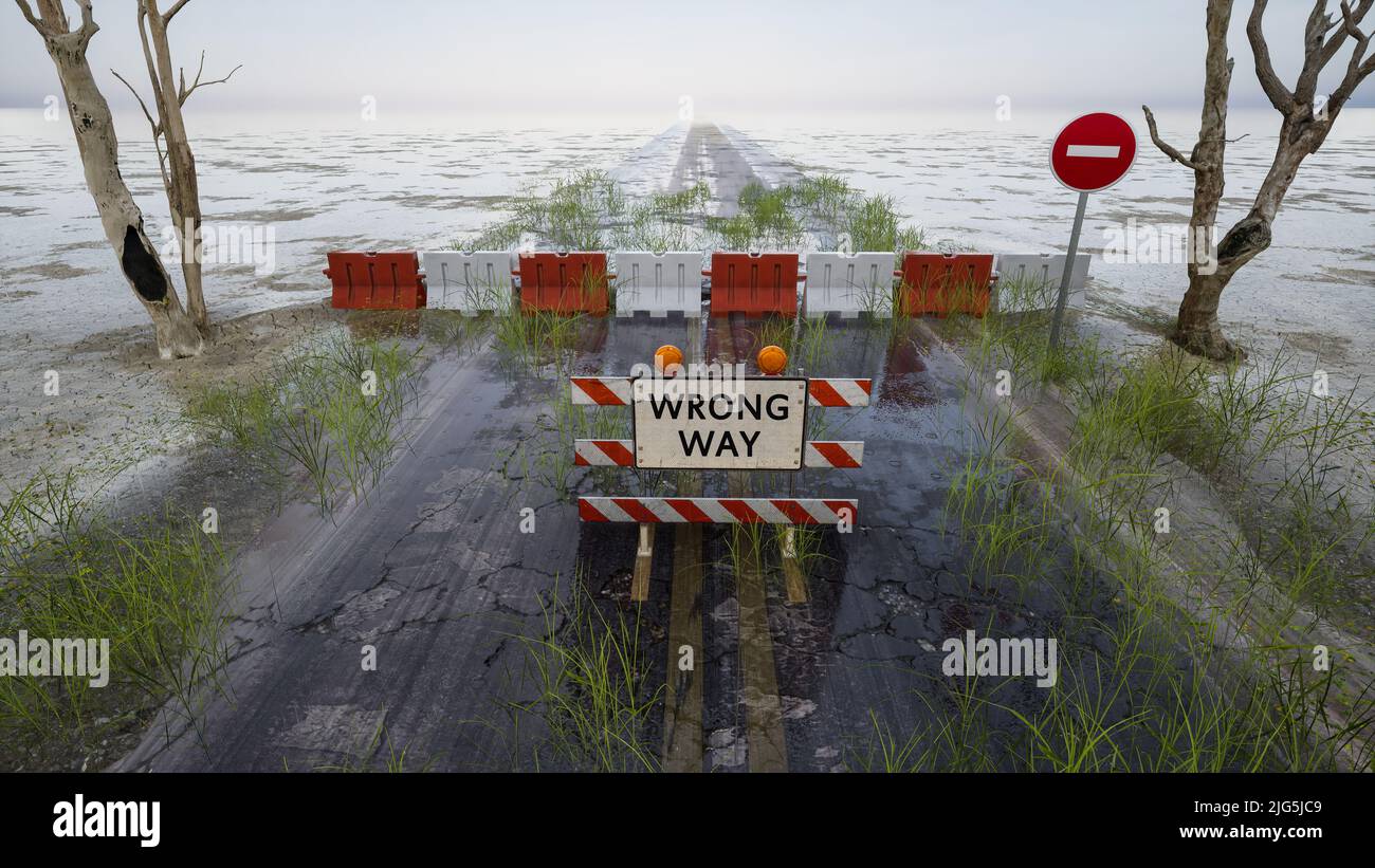 Wrong Way sign in a straight flooded road , 3D illustration Stock Photo ...