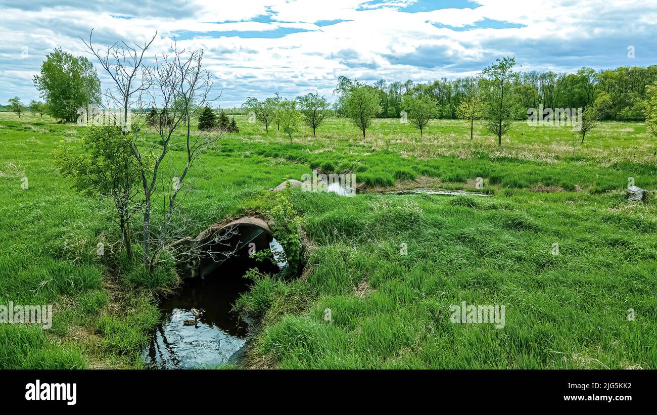 Old culvert with grass growing over it has a stream extending through ...