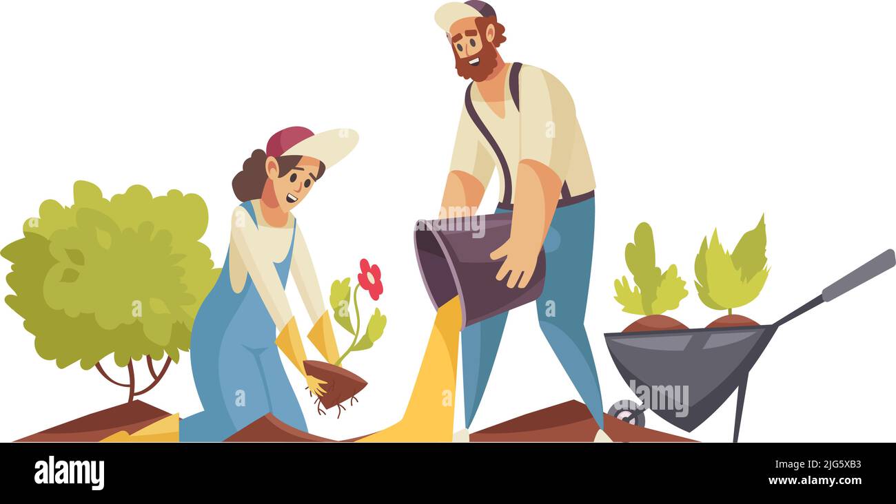 Gardener composition with doodle characters of male and female ...