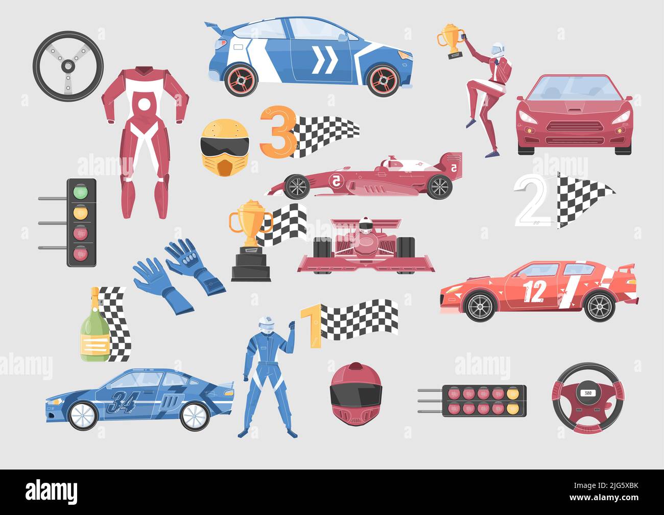 Flat colored icons set with racing cars racers and other elements ...