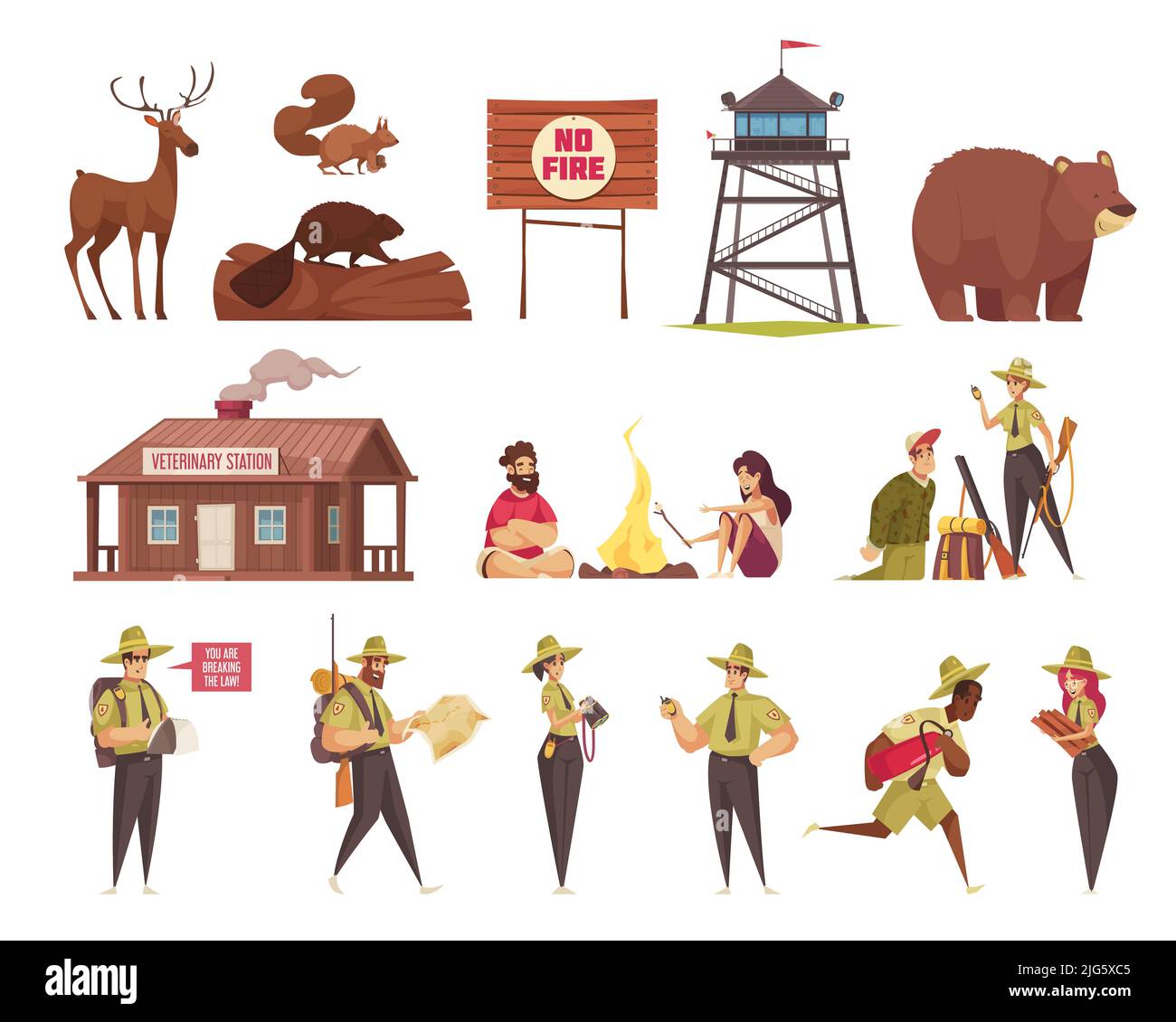 Cartoon icons set with male and female forest rangers wild animals ...