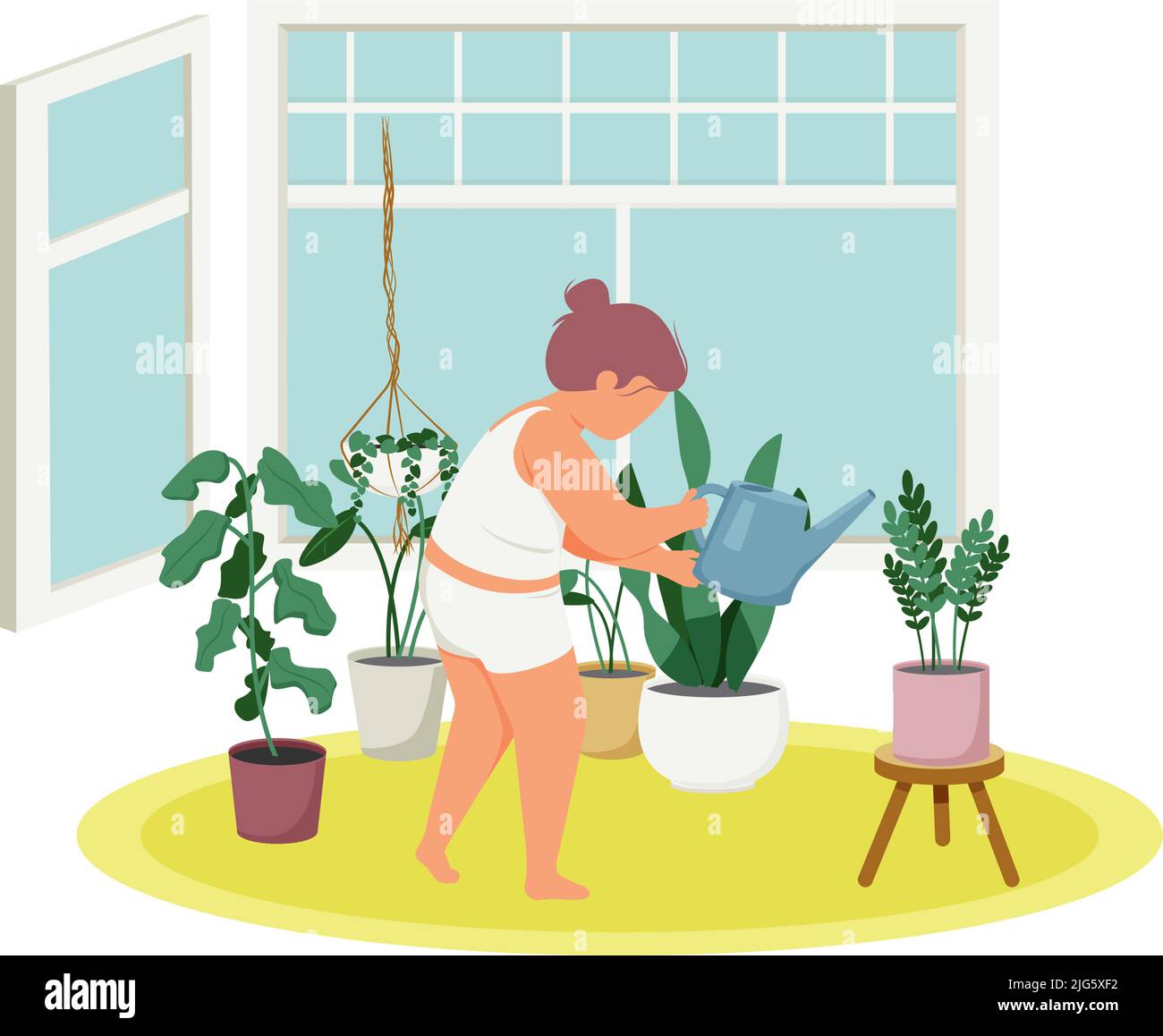 Woman daily routine flat composition with home scenery and woman ...