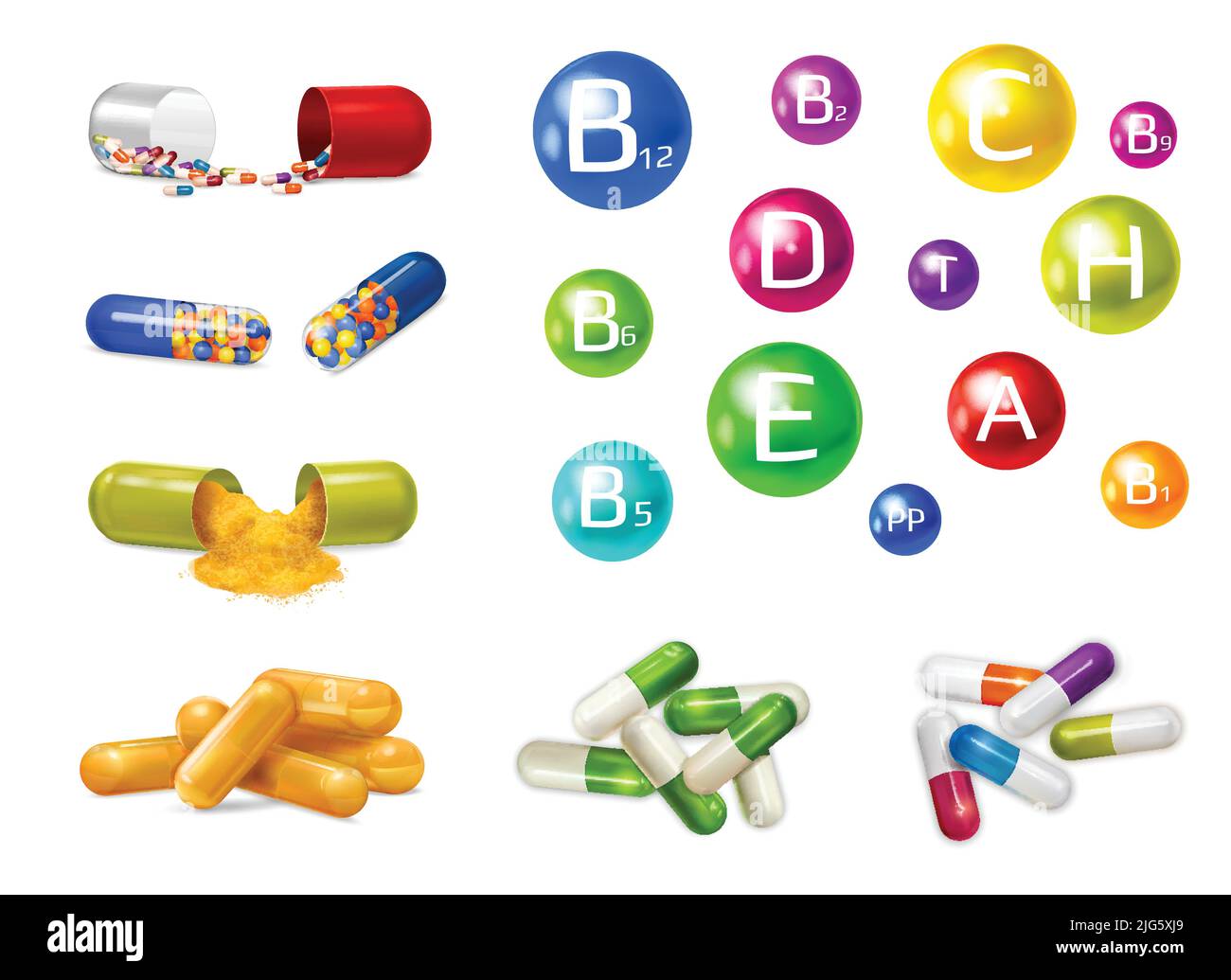 Vitamins minerals boosting energy 3d colorful realistic set with fruits ...