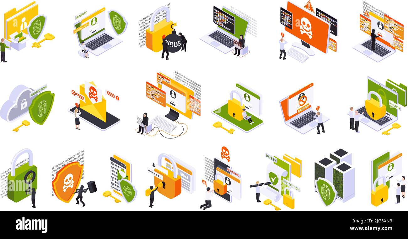 Cyber security spyware data protection isometric set of icons with ...