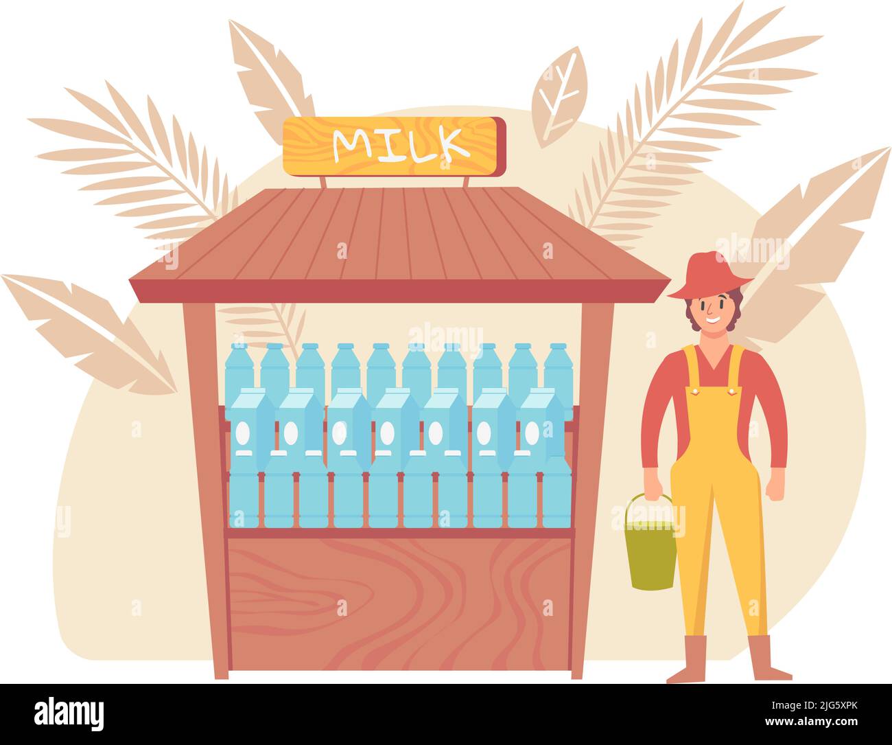 Smiling male farmer selling milk at market flat vector illustration ...