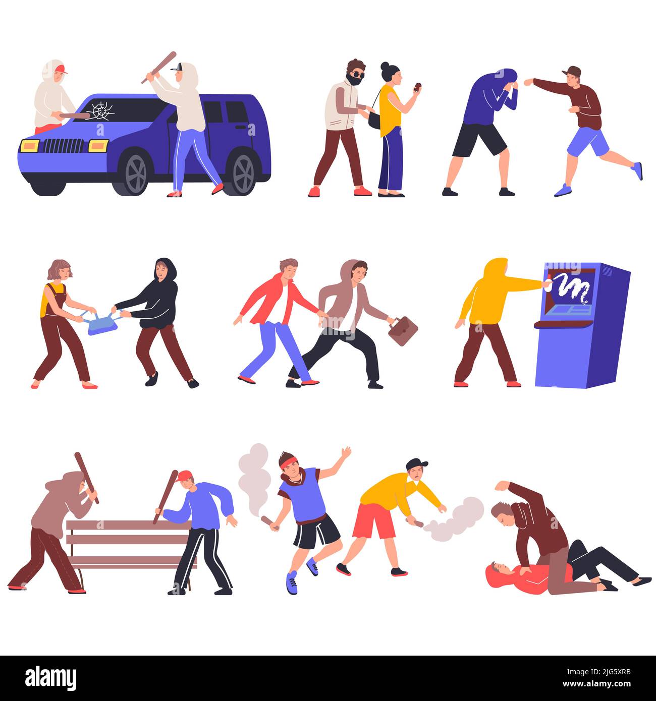 Hooliganism set of flat icons with isolated human characters of vandals ...