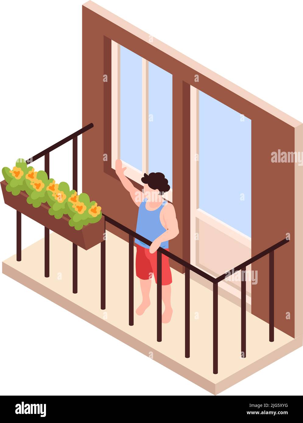 Neighbor isometric icon with boy doing exercises on balcony 3d vector ...