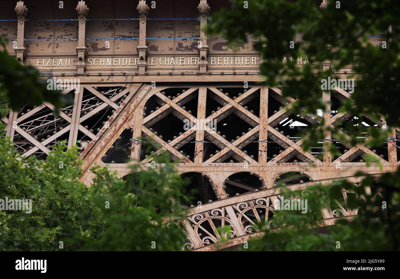 Paris, France. 7th July, 2022. Rust is seen on the Eiffel Tower in ...