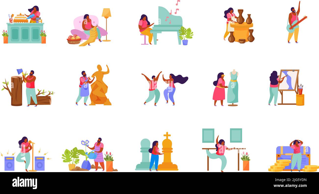 Hobby flat people recolor set of isolated icons with doodle human ...