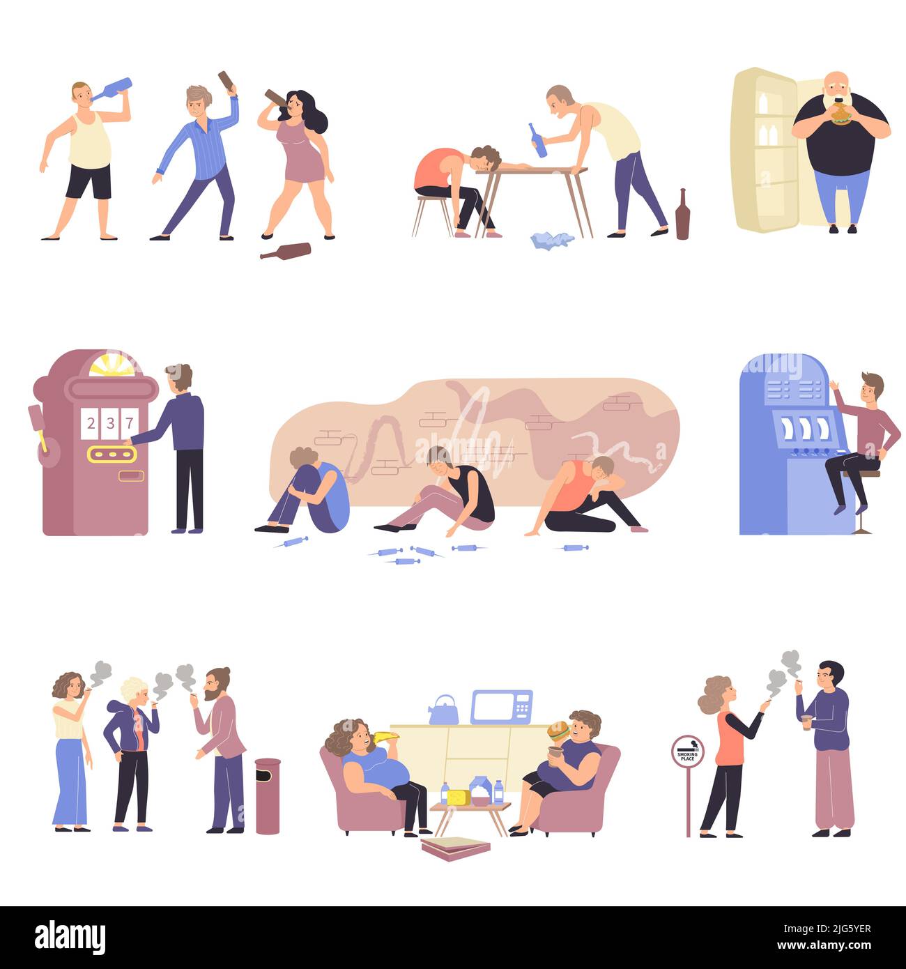 Flat and isolated addiction icon set with different types of addict ...