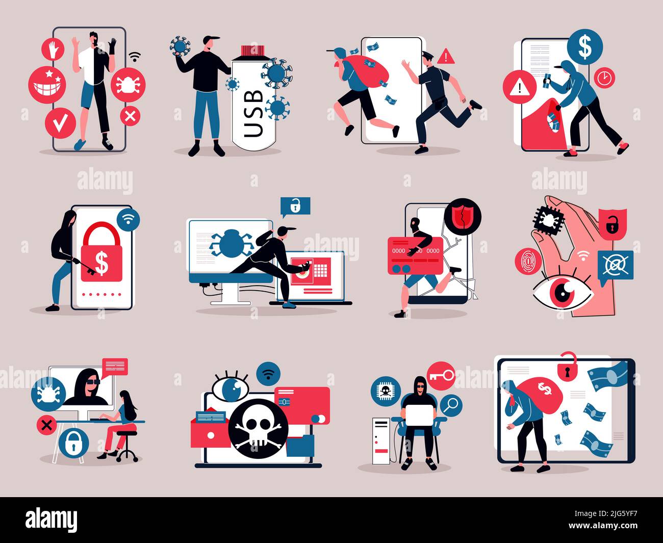 Hacker activity computer viruses and money stealing flat icons set ...