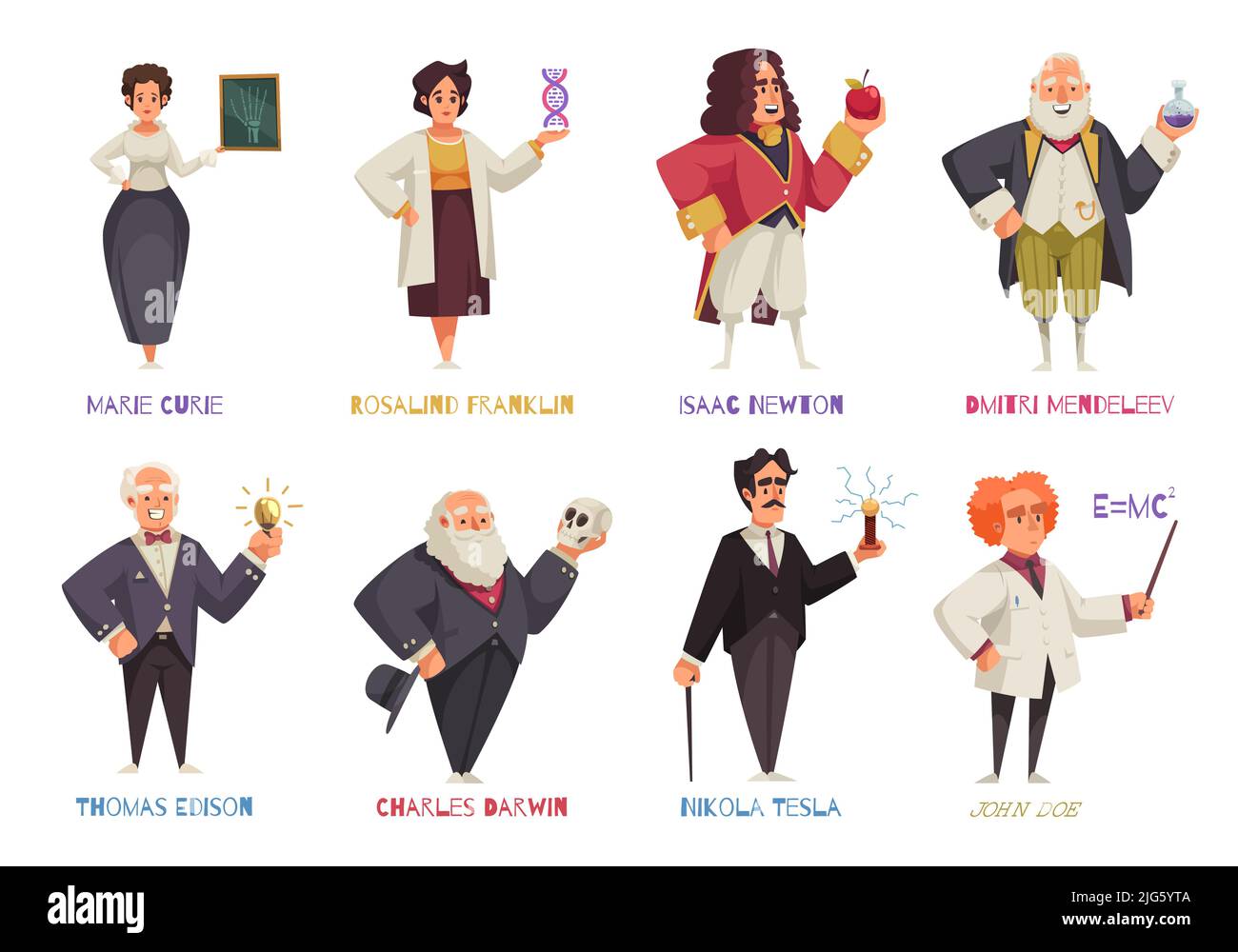 Famous scientists horizontal set of isolated doodle style characters in ...