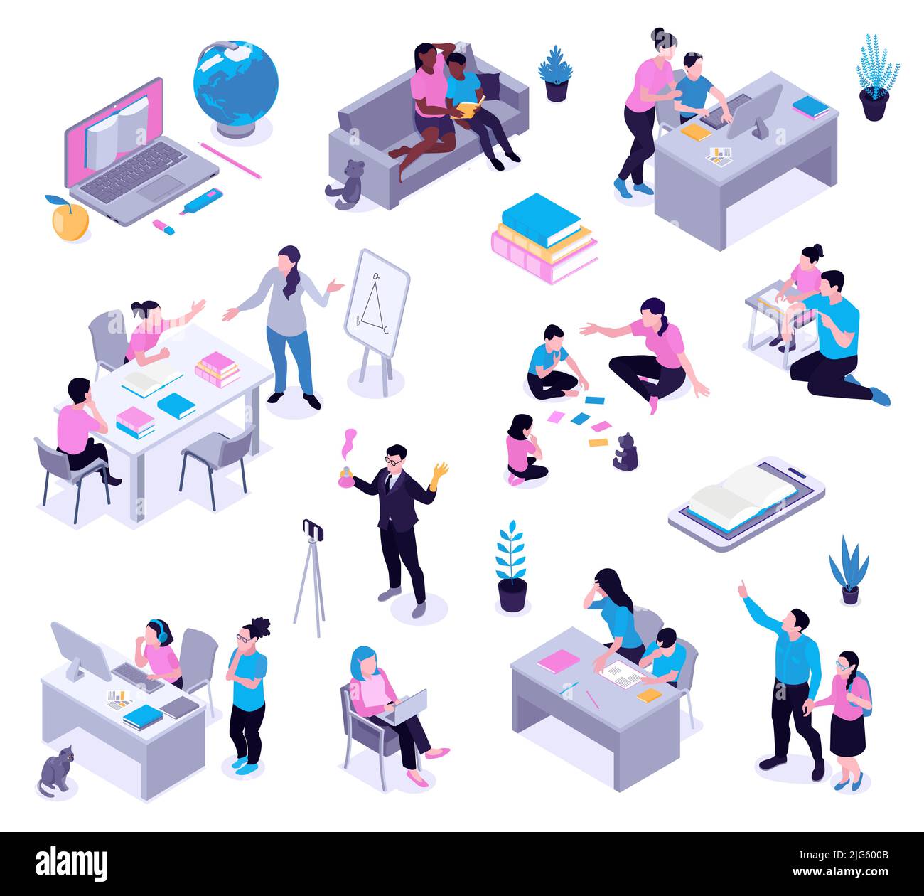 Homeschooling isometric set with parents helping studying children ...