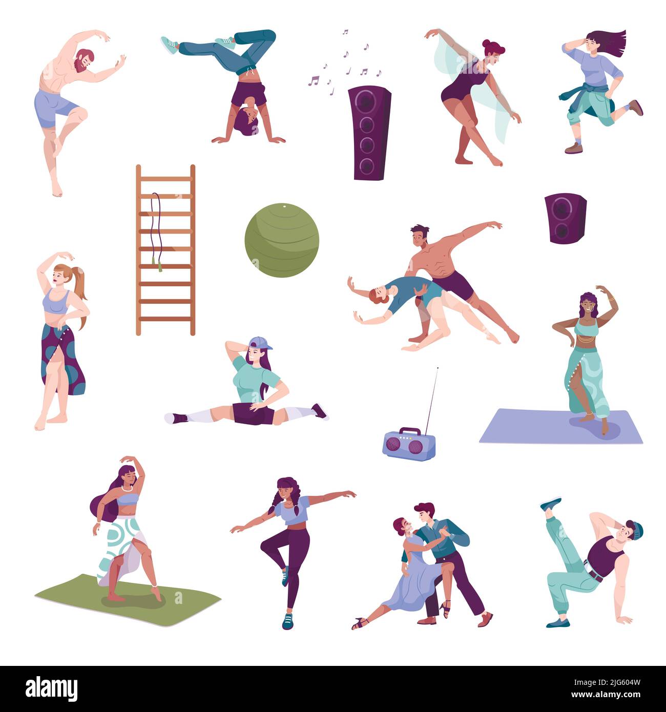 Dancer set with flat isolated characters of dancing people with icons ...