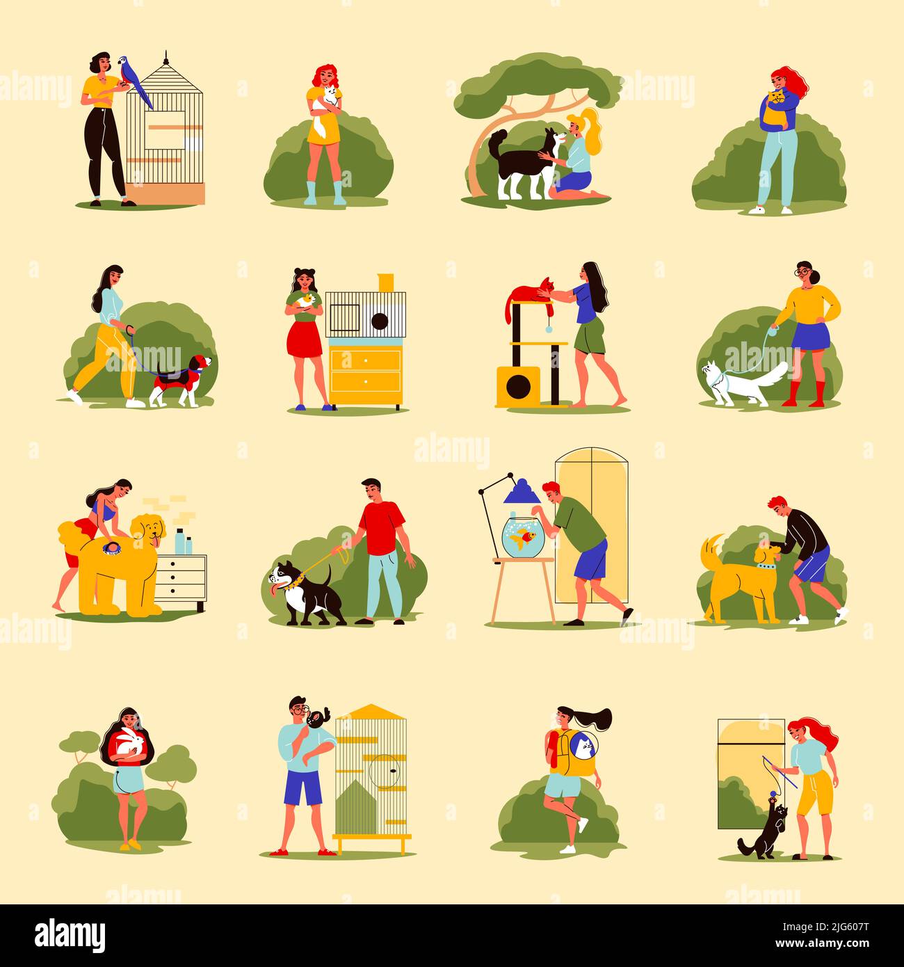 People pets set of isolated icons with doodle style human characters of ...