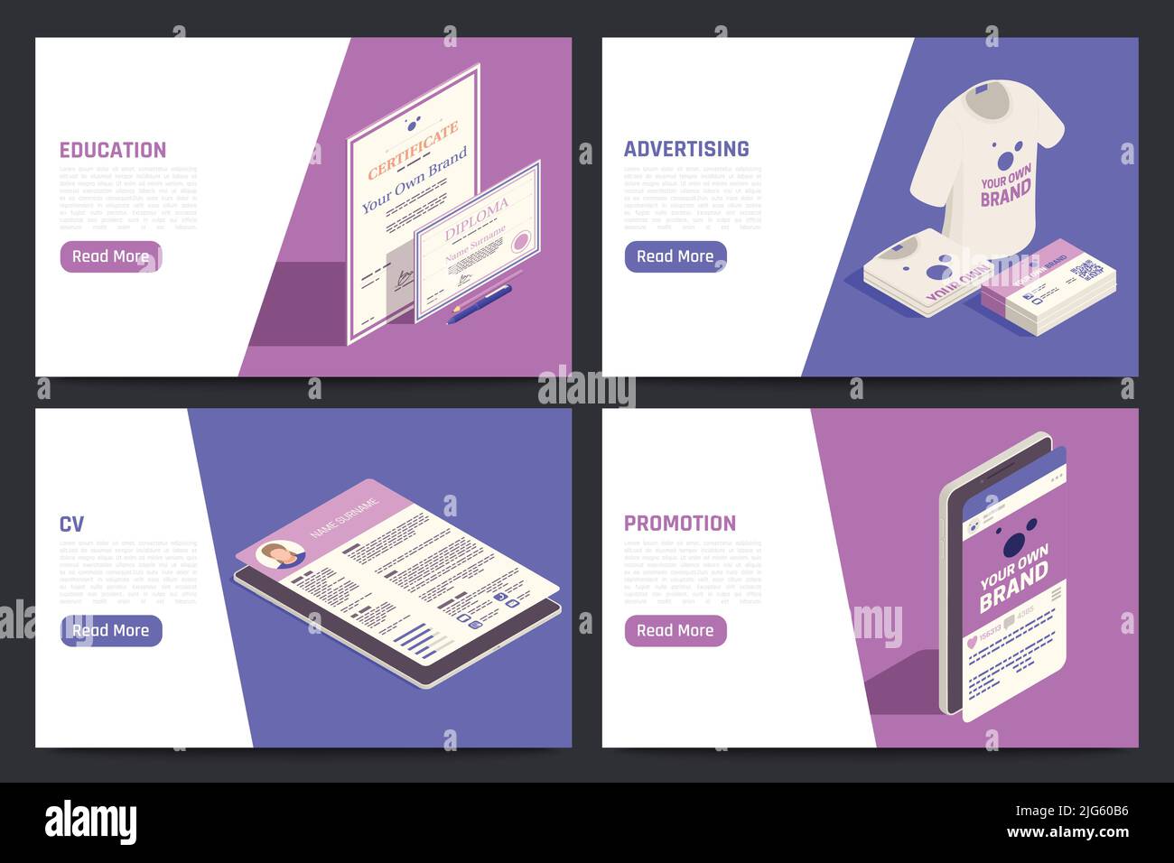 Self promotion branding strategies 4 isometric tablet screens with ...