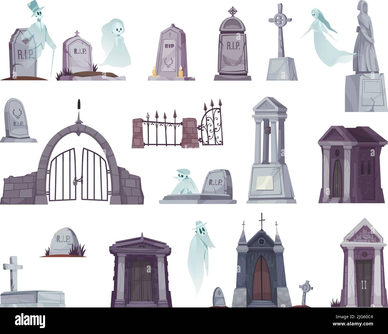 Set of cartoon cemetery grave fence cross crypt ghost isolated on white ...