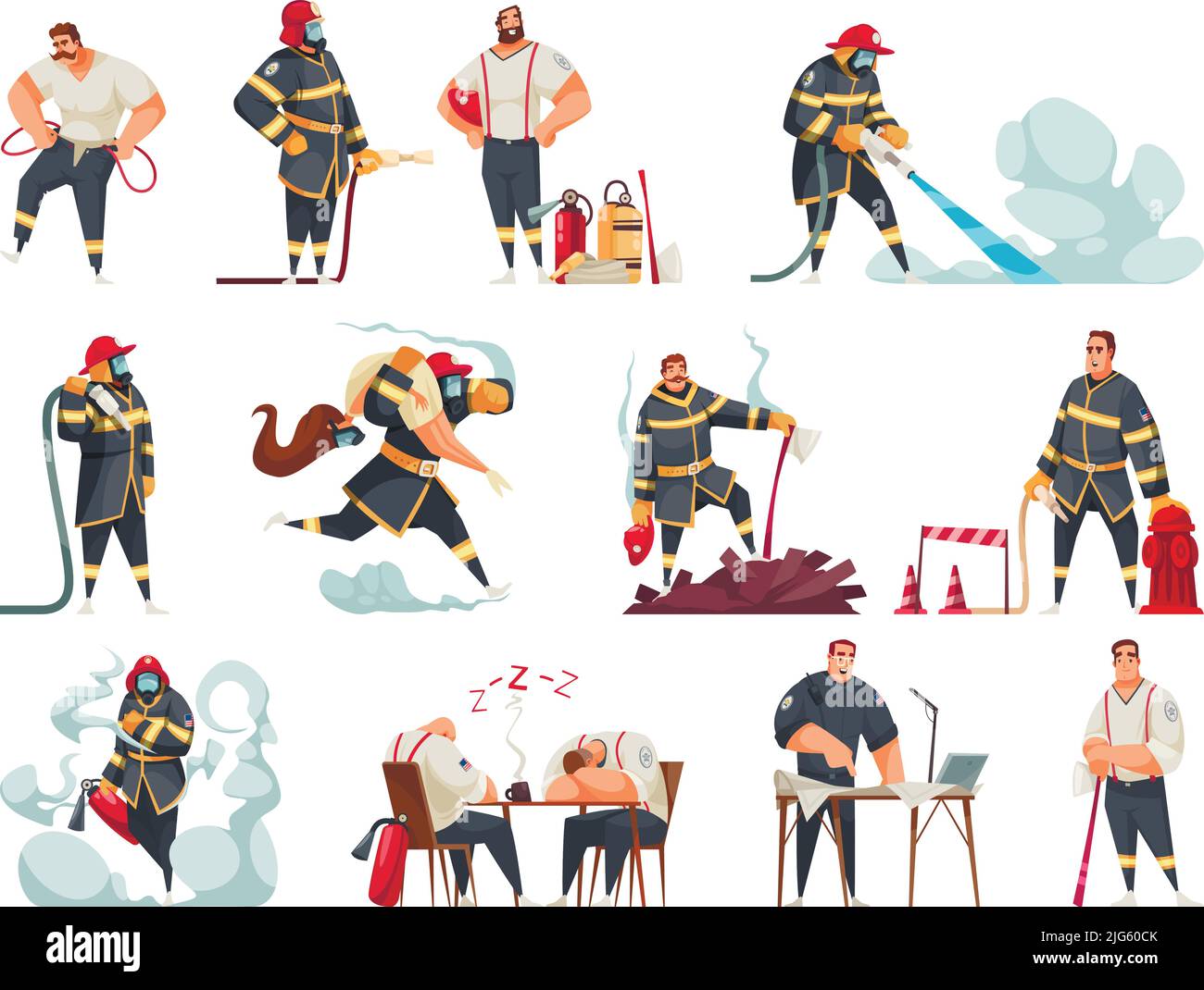 Cartoon icons of firefighters in uniform in different situations ...