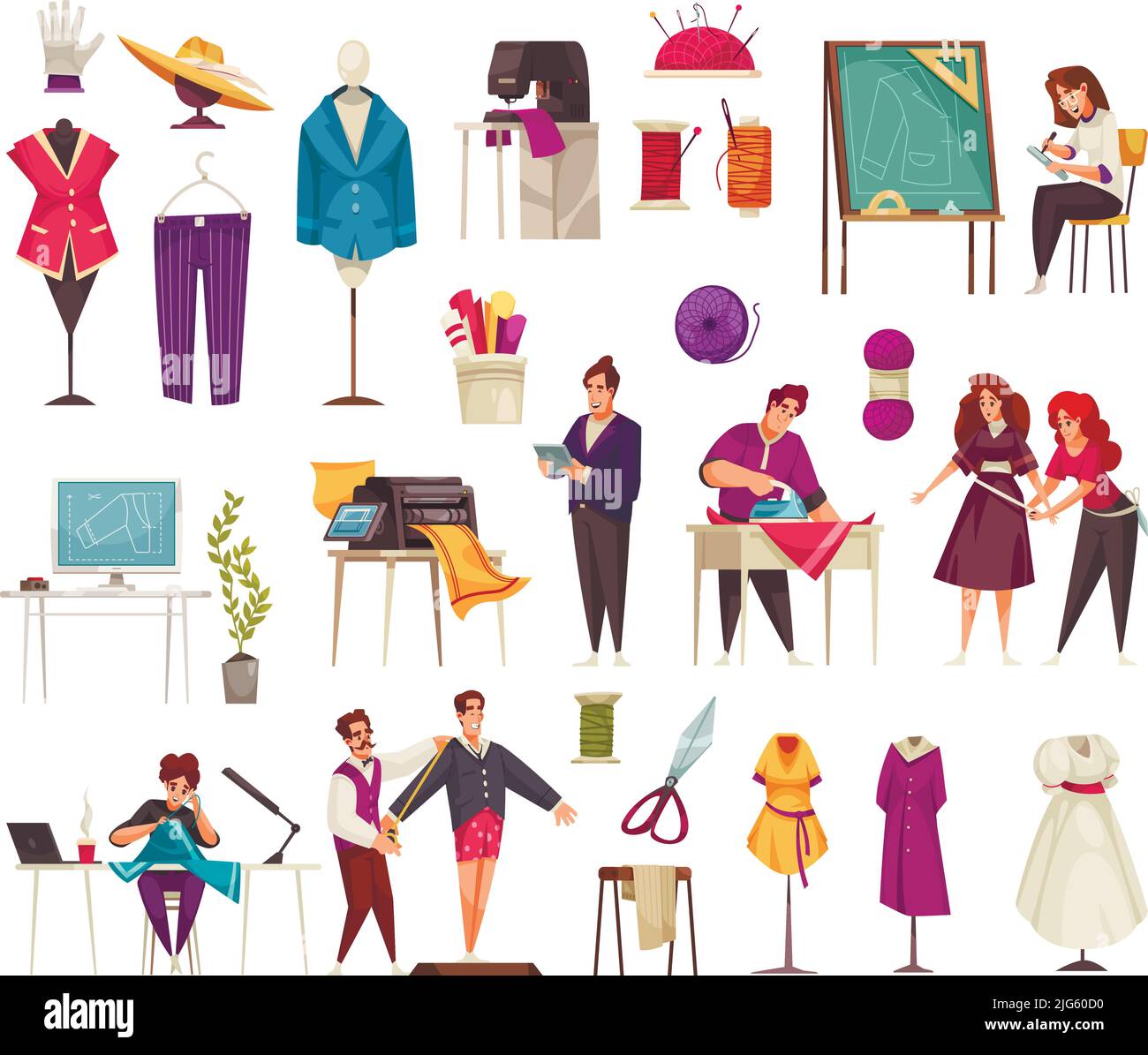 Atelier Equipment Clothing Tailors And Customers Cartoon Icons Set