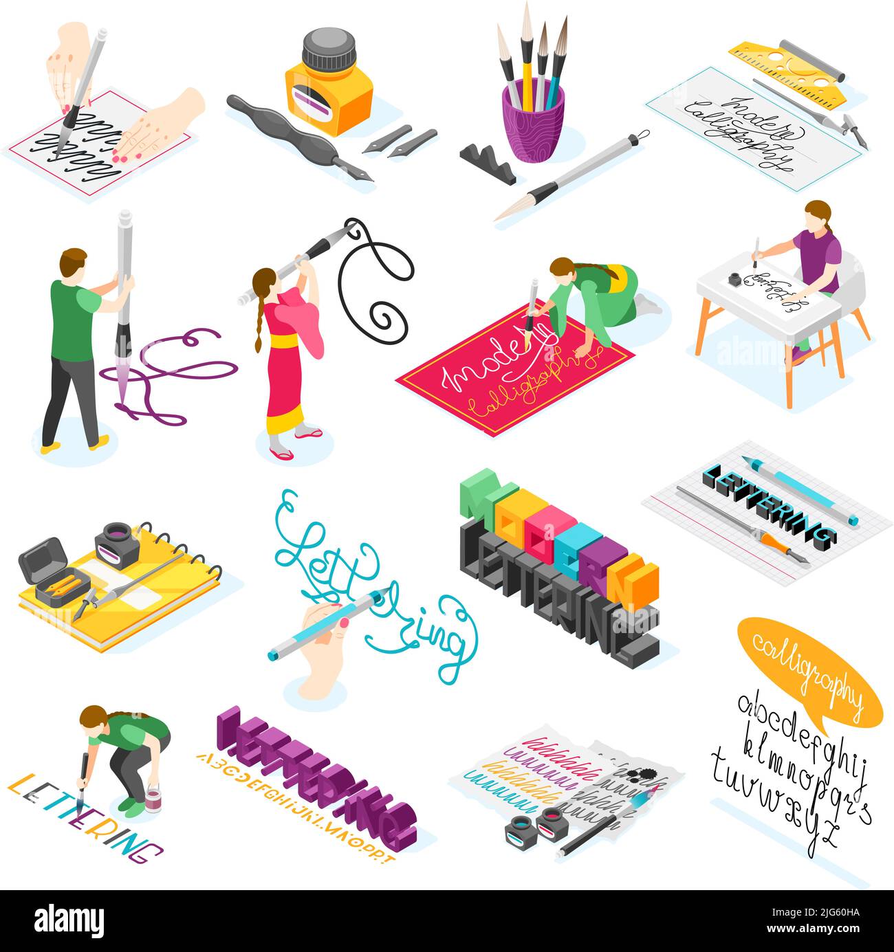 Hobby calligraphy isometric icons set of creative people practicing in ...