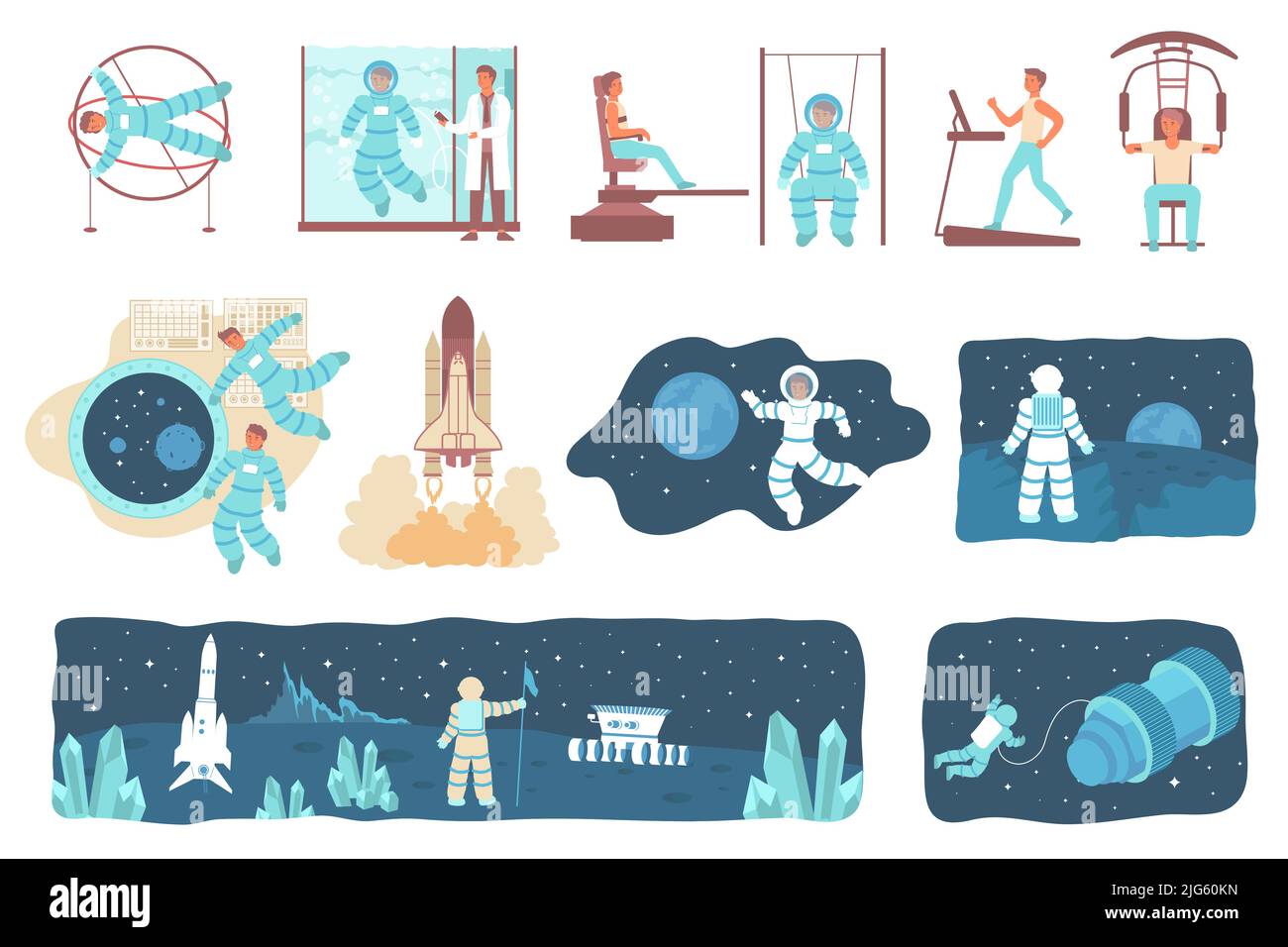 Space exploration flat set of cosmonaut training rocket start ...