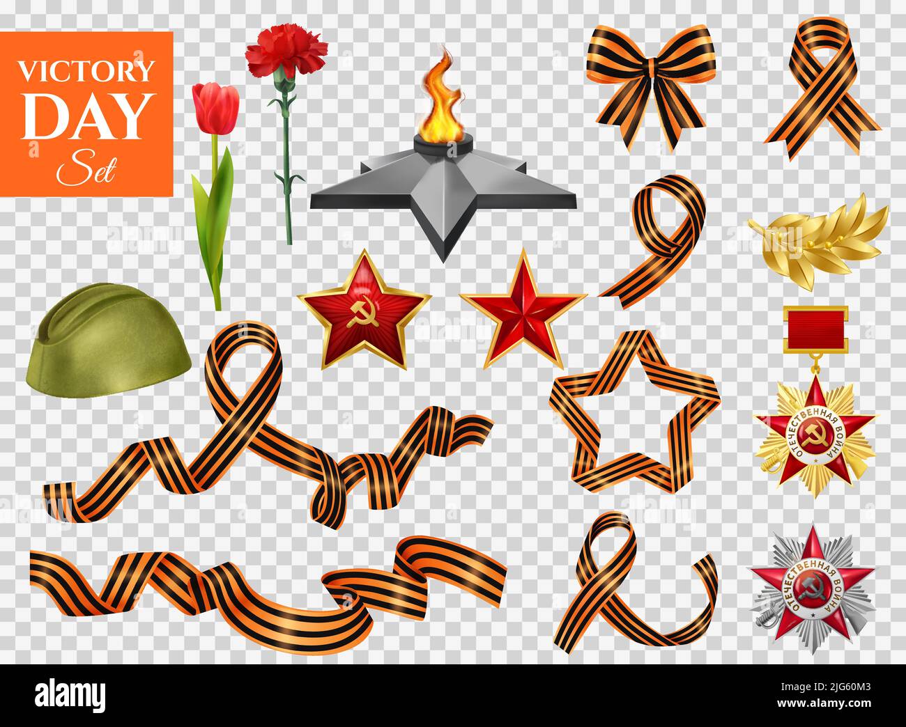 Realistic victory day transparent set of isolated world war icons saint ...