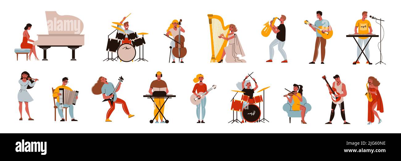 Musicians set with isolated human characters of doodle musicians ...