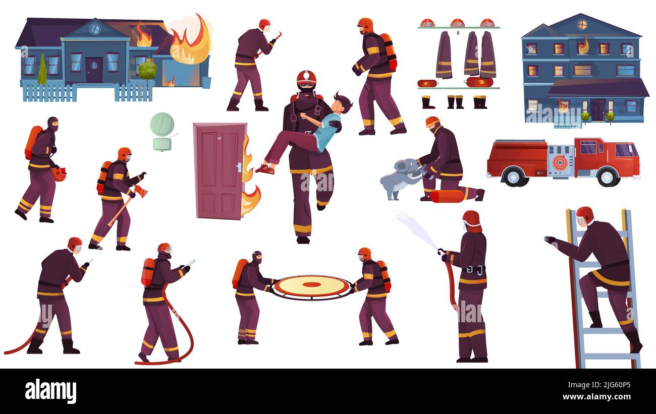 Firefighters set with flat isolated icons characters of firefighting ...