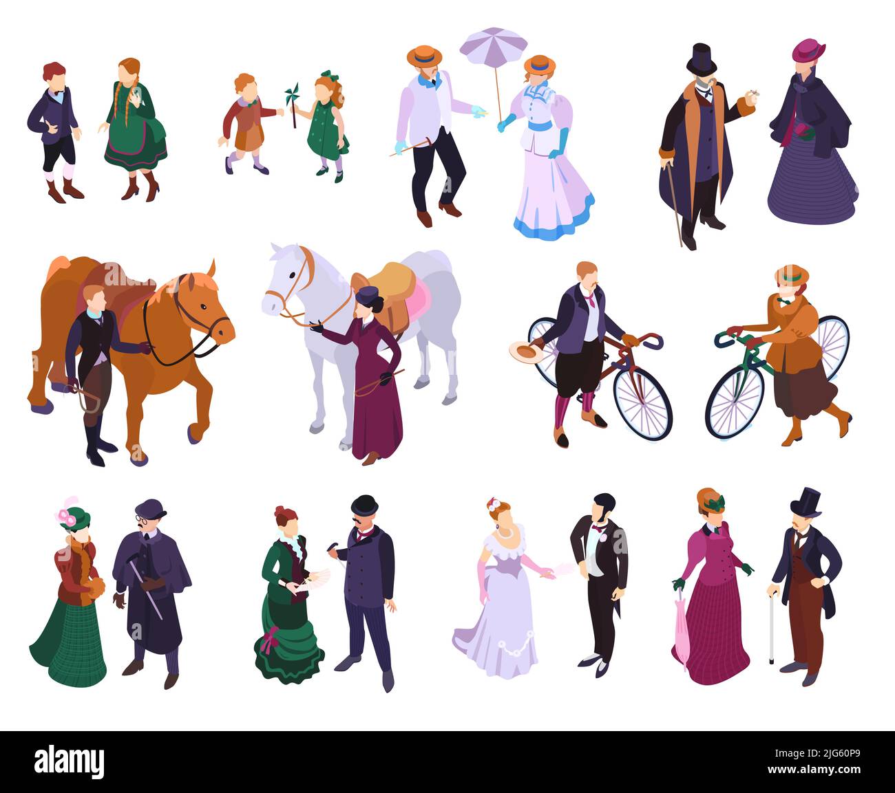 Isometric victorian fashion color set with isolated human characters of ...