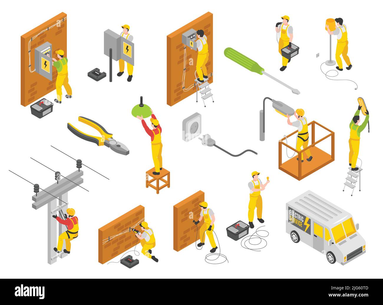 Electrician isometric color set with equipment and service symbols ...