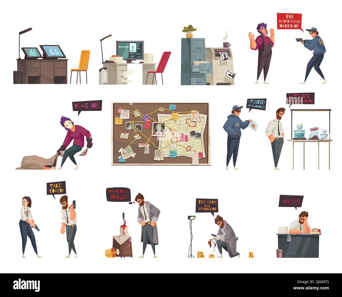 Detective investigator police officer cartoon set with crime scene ...