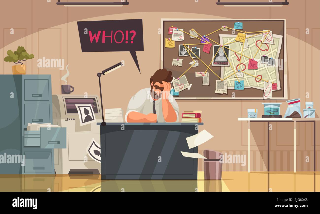 Pondering detective at desk cartoon composition of investigator office ...