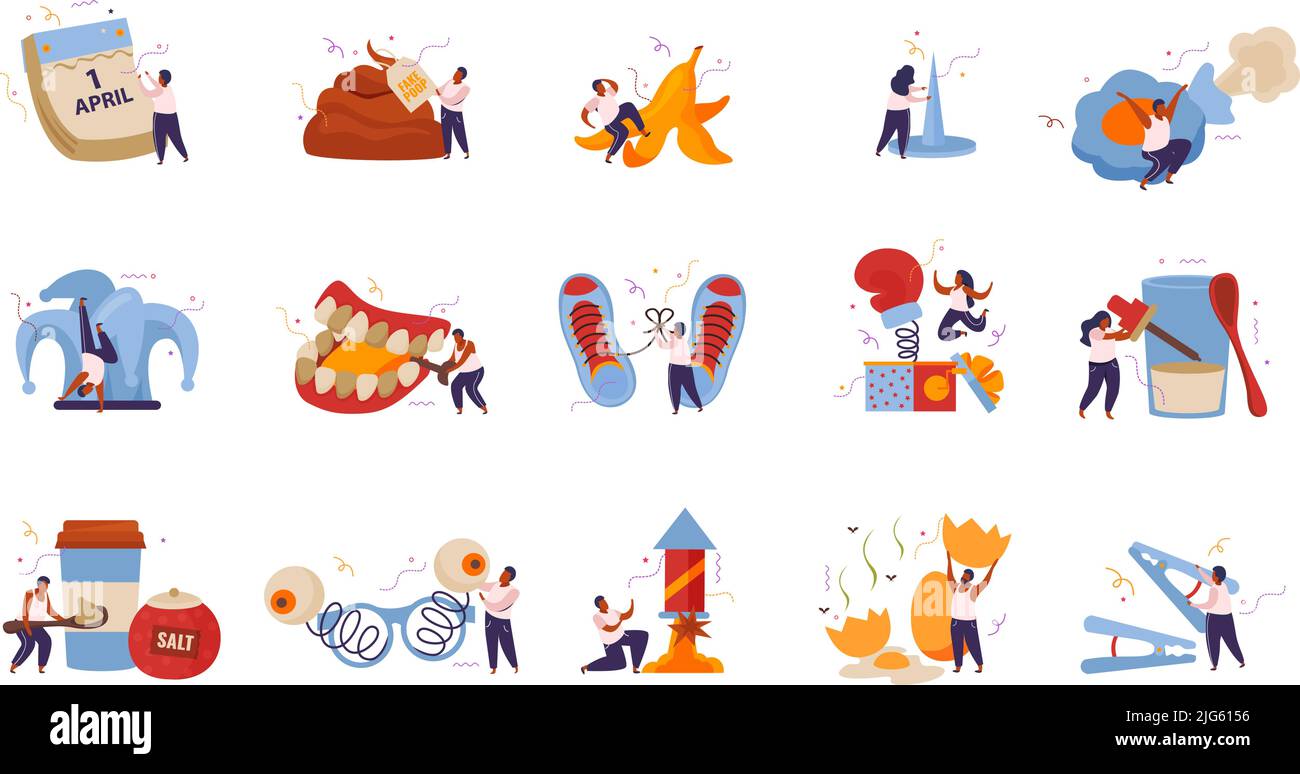 All fools day flat recolor set of isolated icons with small human ...