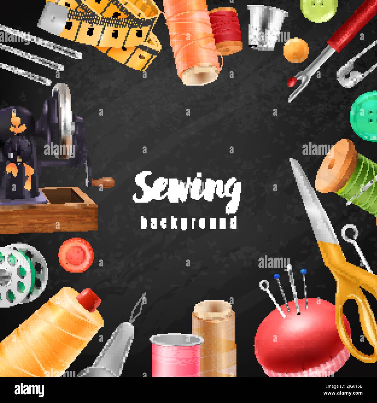 Sewing machine background with needles thread and centimeter realistic ...