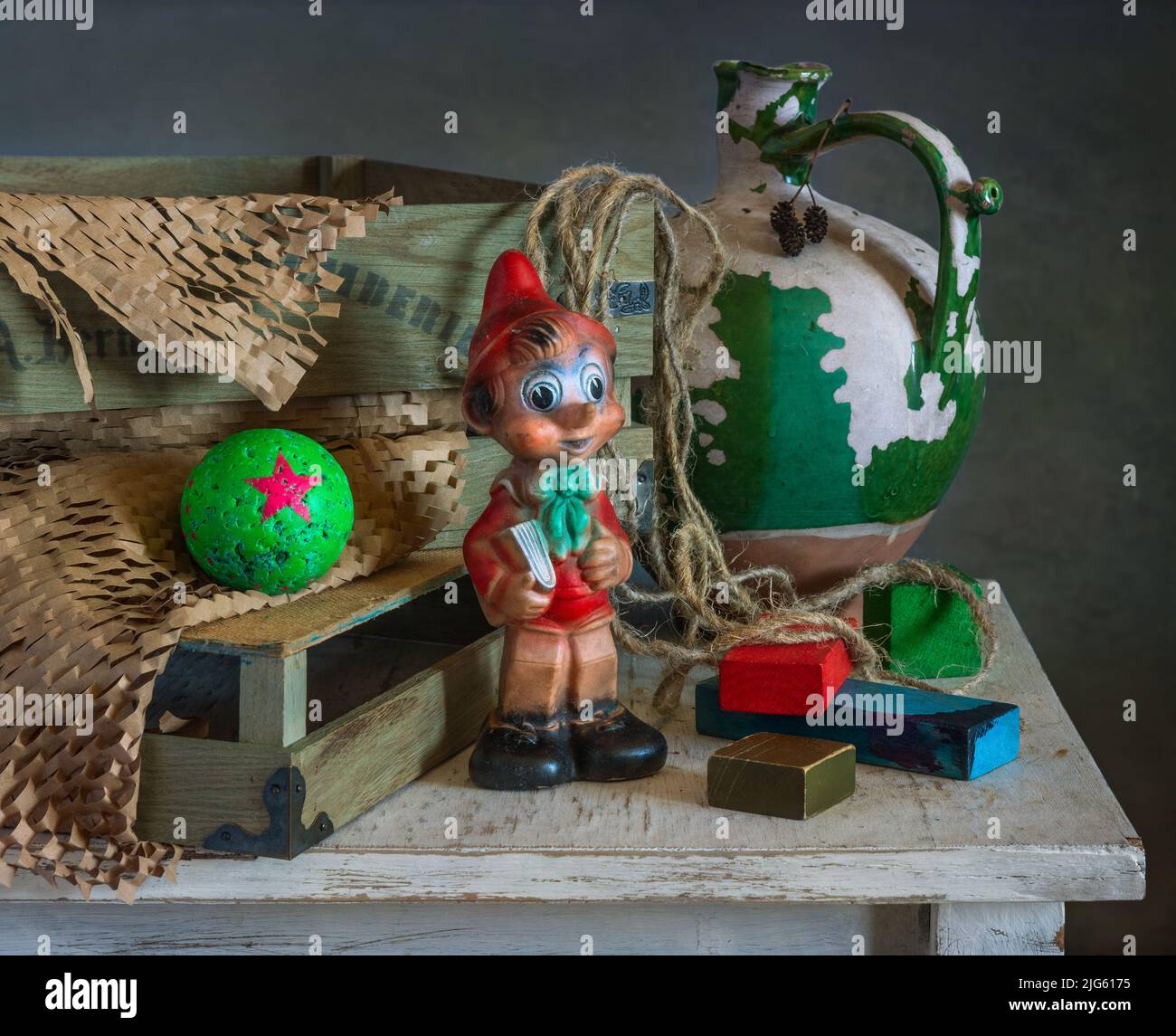 Still life with old rubber dolls and wooden cubes. Toys. Vintage Stock ...