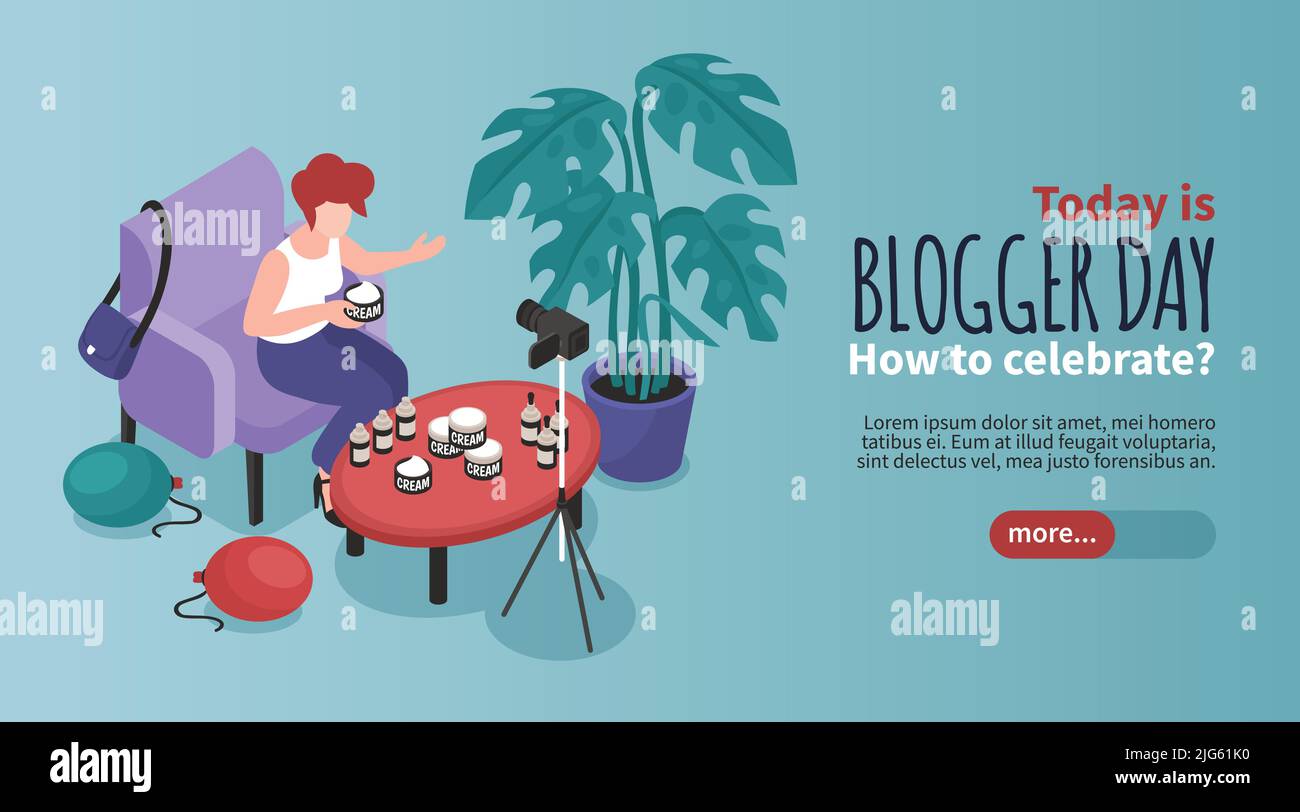 Blogger isometric banner with blogger day celebration symbols vector ...