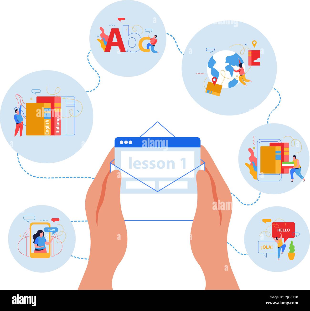 Language school flat background with human hands holding smartphone ...