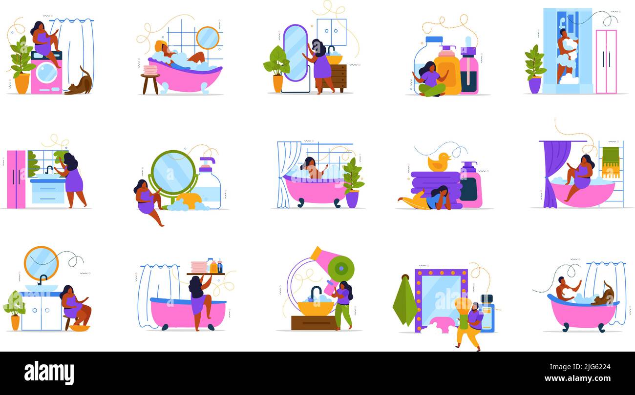 Spa therapy at home flat icons set of people taking bubble bath ...