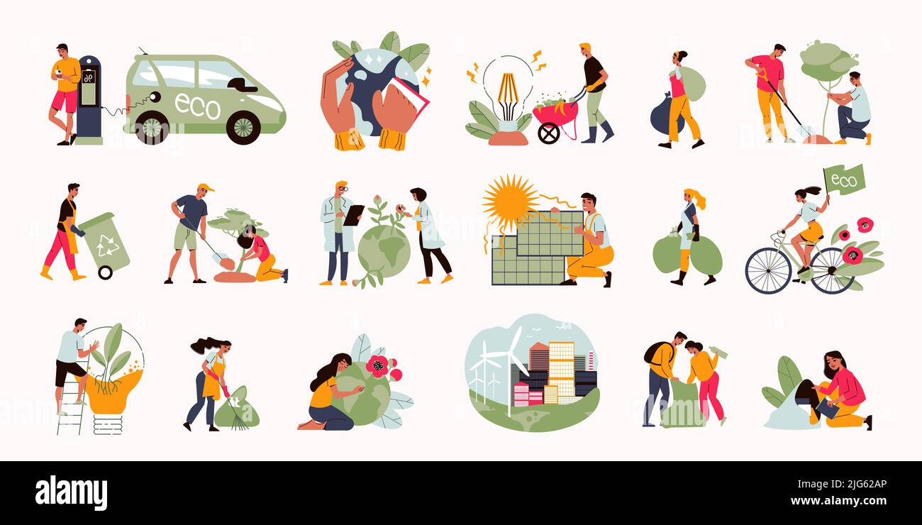 Ecology set with alternative sources of energy and people taking care of environment isolated on ...