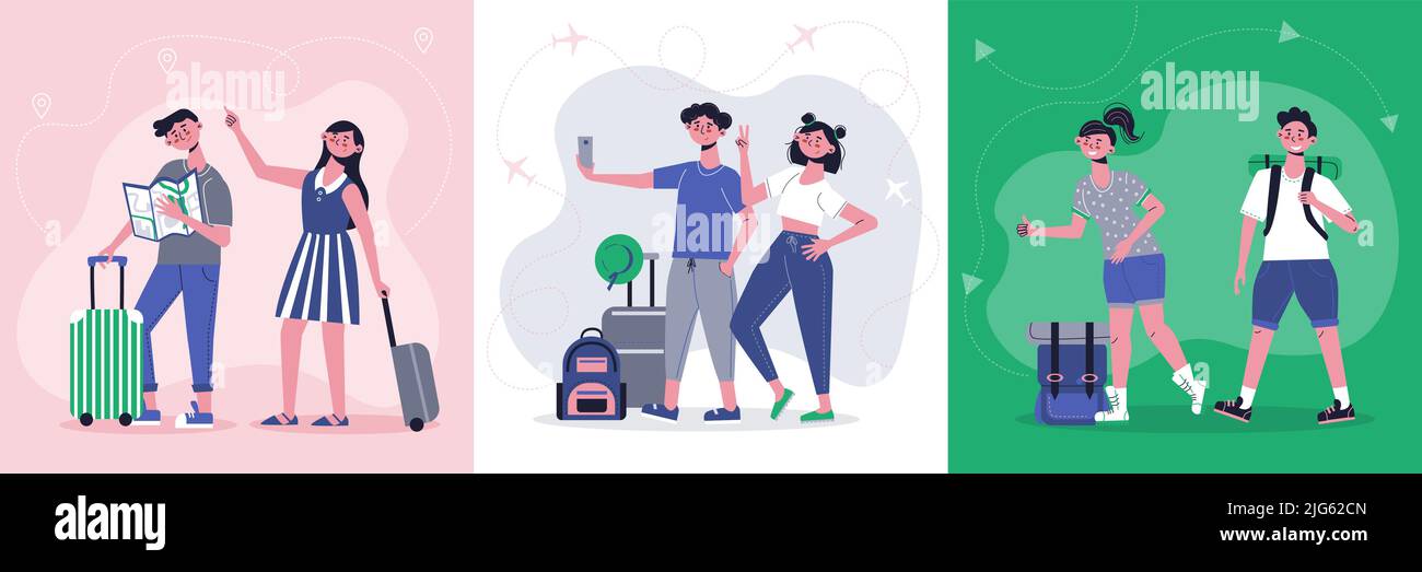 Vacation travel concept 3 background cartoon compositions with ...