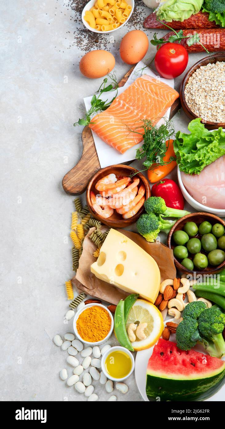 Healthy food assortment on light background. Diet concept. Top view ...