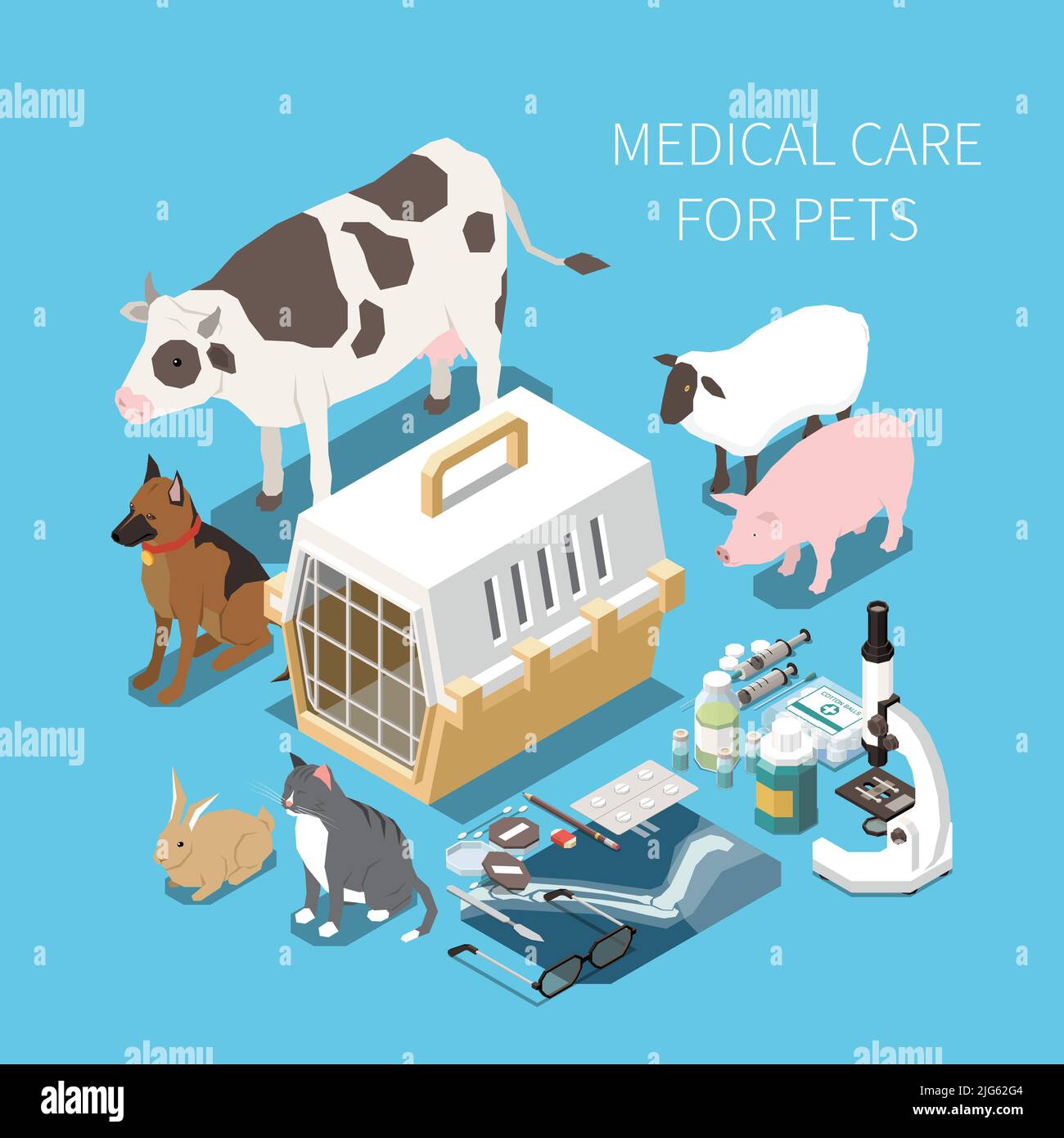 Medical care for pets farm animals isometric background composition ...